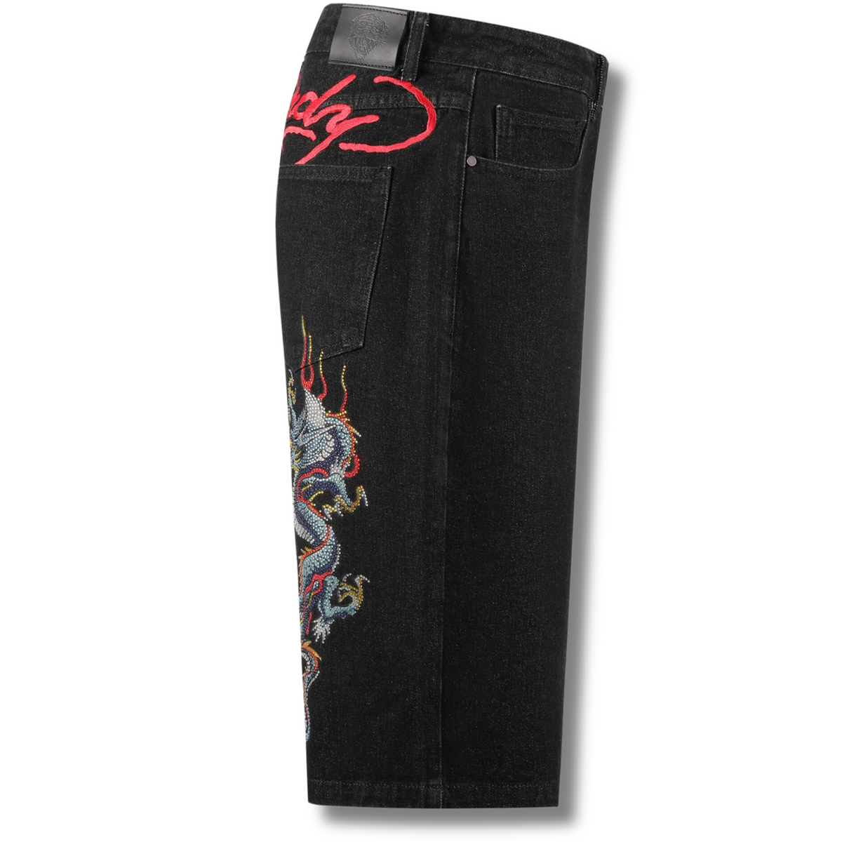 ED HARDY MENS BATTLE-DRAGON DIAMANTE DENIM JORTS SHORTS - BLACK – No Chaos